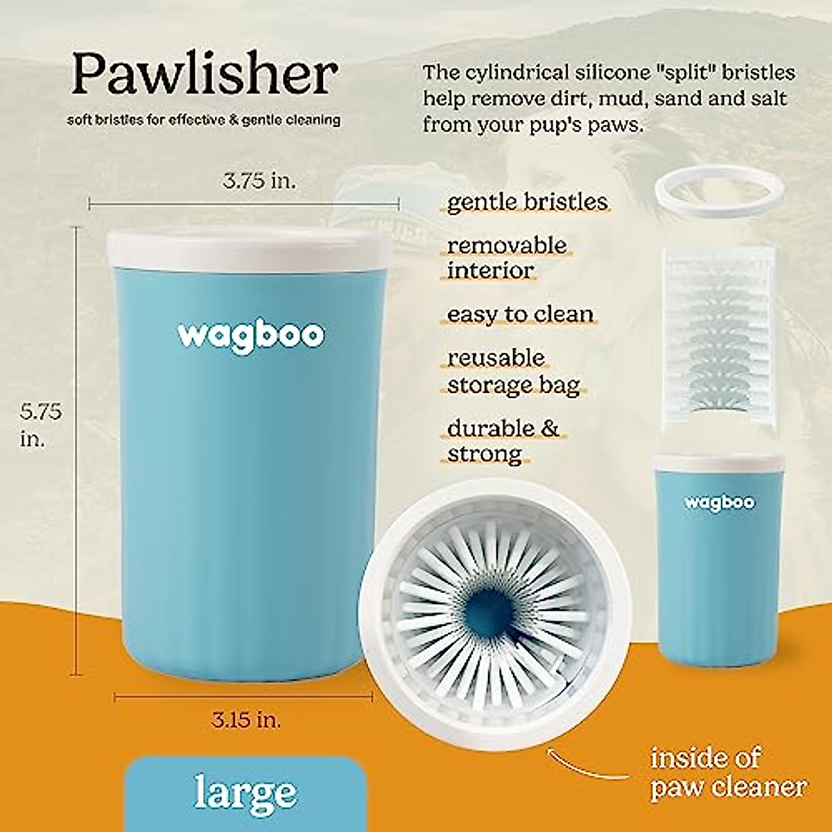 Wagboo Portable Dog Paw Cleaner Brush Large Pawlisher | Easy Wash Blue, Silicone Dog Bathing Supplies, Foot Washer Puppy Paw Wash for Medium Large Dogs, Dog Essentials, Dog Travel Camp House Accessories for Large Dogs