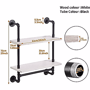 ROGMARS Industrial Pipe Shelving Bathroom Pipe Shelves with Towel Bar,2 Tier 24 inch Retro White Rustic Farmhouse Pipe Industrial Wall Shelves Bathroom Shelves Over Toilet for Storage