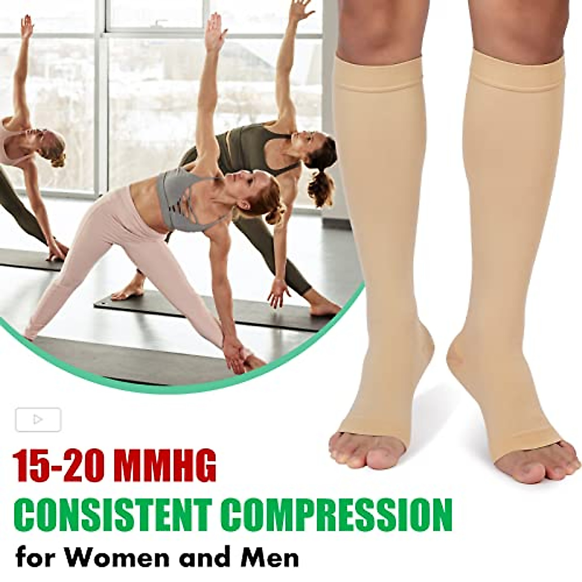 MGANG Compression Socks, 15-20 mmHg Graduated Knee High Compression Stockings for Unisex, Class I, Open Toe, Opaque, Support Hose for DVT, Pregnancy, Varicose Veins, Relief Shin Splints, Beige L