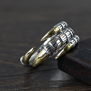 Two Tone 925 Sterling Silver Eagle Claw Ring Punk Jewelry for Men Open Adjustable