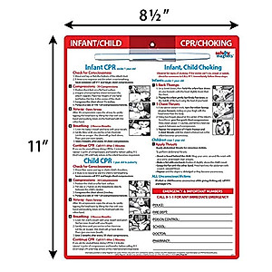 Infant and Child CPR and Choking Magnet - First Aid Quick Reference Card for Children - Emergency Phone Numbers - Laminated with Magnets, Marker - 8.5 x 11 in.
