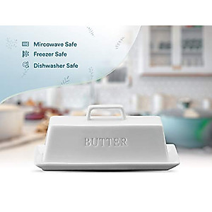 Kook Ceramic Butter Dish with Lid, Kitchen Countertop Butter Keeper, Serving Tray with Cover, Storage Container, Holds 1 Stick, Microwave and Dishwasher Safe, White