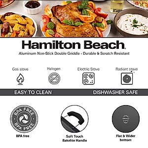 Hamilton Beach Nonstick Double Griddle 19x11-Inch - Black Aluminum Griddle with Soft Touch Bakelite Handle - Flared Edge - Spiral Bottom, Easy to Clean, Multipurpose Use - Durable & Dishwasher Safe