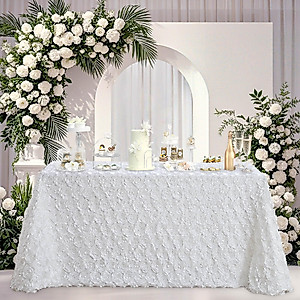 B-COOL White Table Cloth Rectangle 60 x102 Inches for Parties Rosette Wedding Tablecloth Party Table Decor Satin Floral Table Cover for Baby Shower Home Decorations