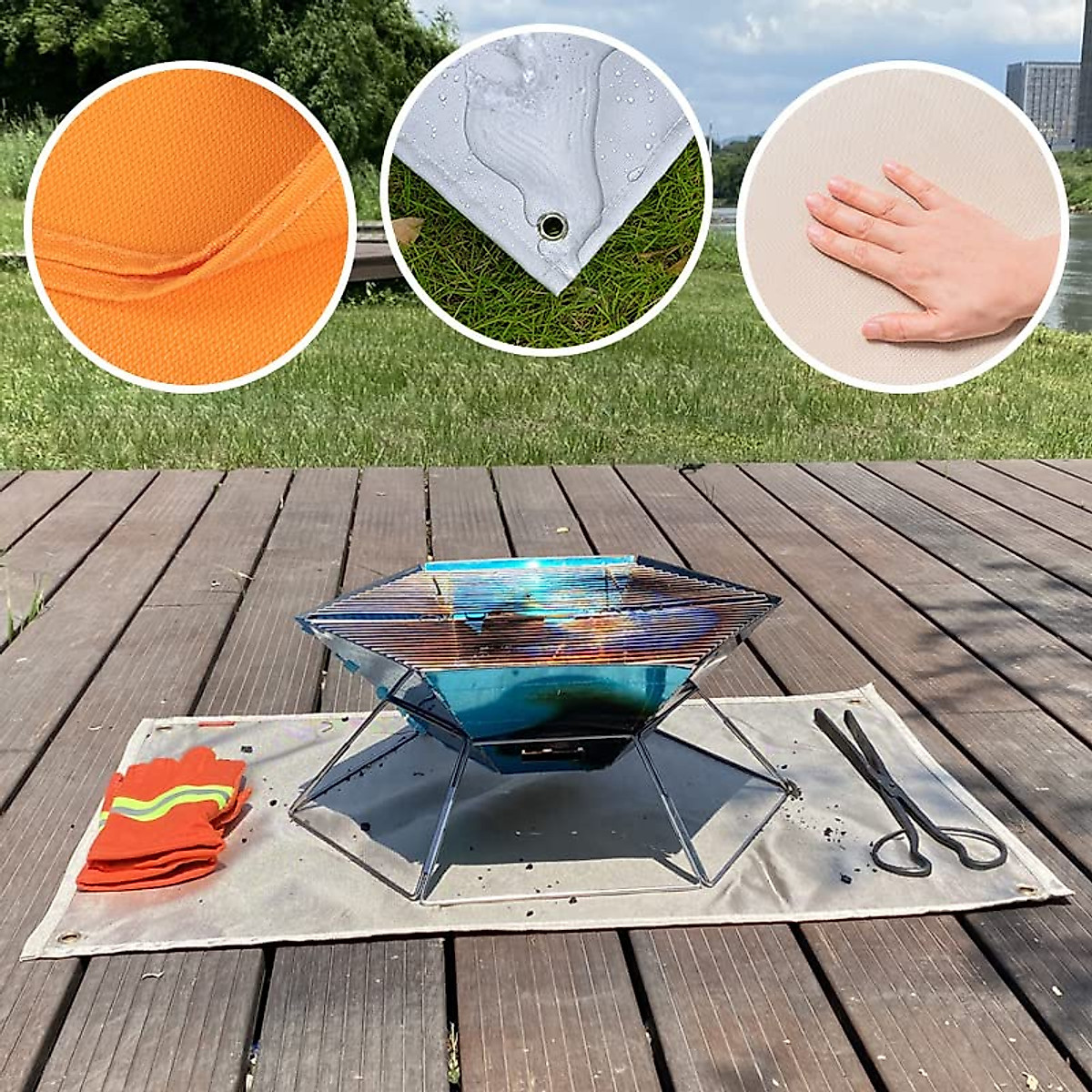 Heavyoff Fireproof Fire Pit Mat Camping Stove Fireproof Blanket Flame Retardant Stove Floor Grill Mat for Deck Patio Lawn Outdoor Camping BBQ Protection, Beige, 20 x 20