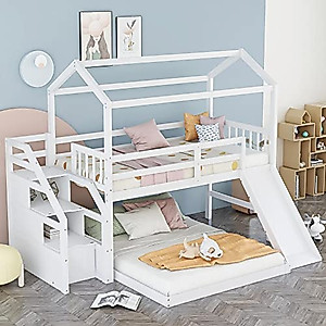 Harper & Bright Designs Twin Over Full House Bunk Bed with Stairs and Slide, Full-Length Guardrail, Wooden Floor Bunk Bed Frame for Kids Teens Girls Boys, Playhouse Design (White)