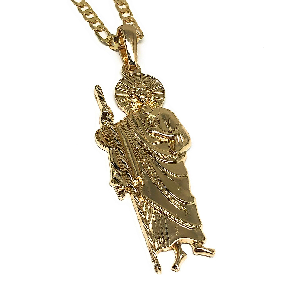 Fran & Co. Jewelry Gold Plated Big Saint Jude Pendant Necklace Figaro 26" San Judas Tadeo Medalla XL Cadena Oro