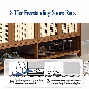 8-Tier Bamboo Shoe Cabinet with Doors, 36-40 Pairs Freestanding Shoe Rack for Closet, Shoe Storage Cabinet for Entryway, Shoes Rack Organizer for Hallway, Bedroom, Living Room