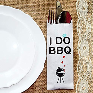 I DO BBQ White Kraft Paper Silverware Bags - Utensil Holders For Wedding Rehearsal Dinner or Engagement Barbeque - Silverware Holder Bag - Pocket Sleeves - Flat 2.8" x 7.5" - Pack of 50