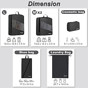 Compression Packing Cubes for Suitcases, 6 Set Large Travel Luggage Organizer Bags with Drawstring Laundry Bag, Toiletry Bag & Shoe Bag for Travel Essentials (black)