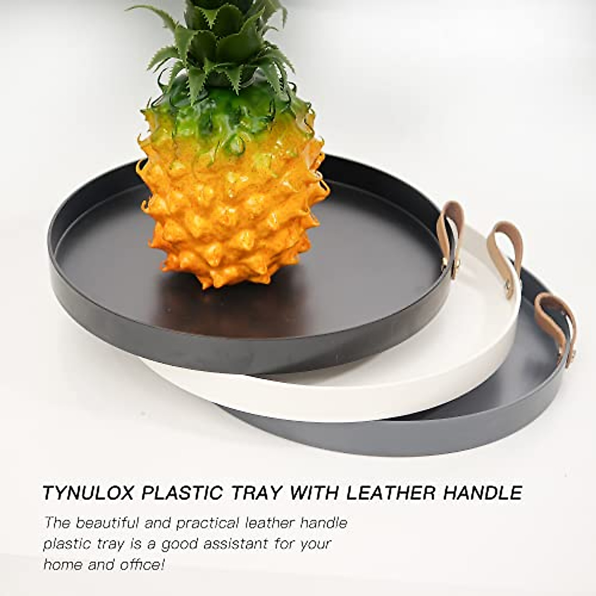 Tynulox Plastic Serving Tray with Leather Handle, Round, Black,10.2x10.2x1 Inch, 1 Pcs