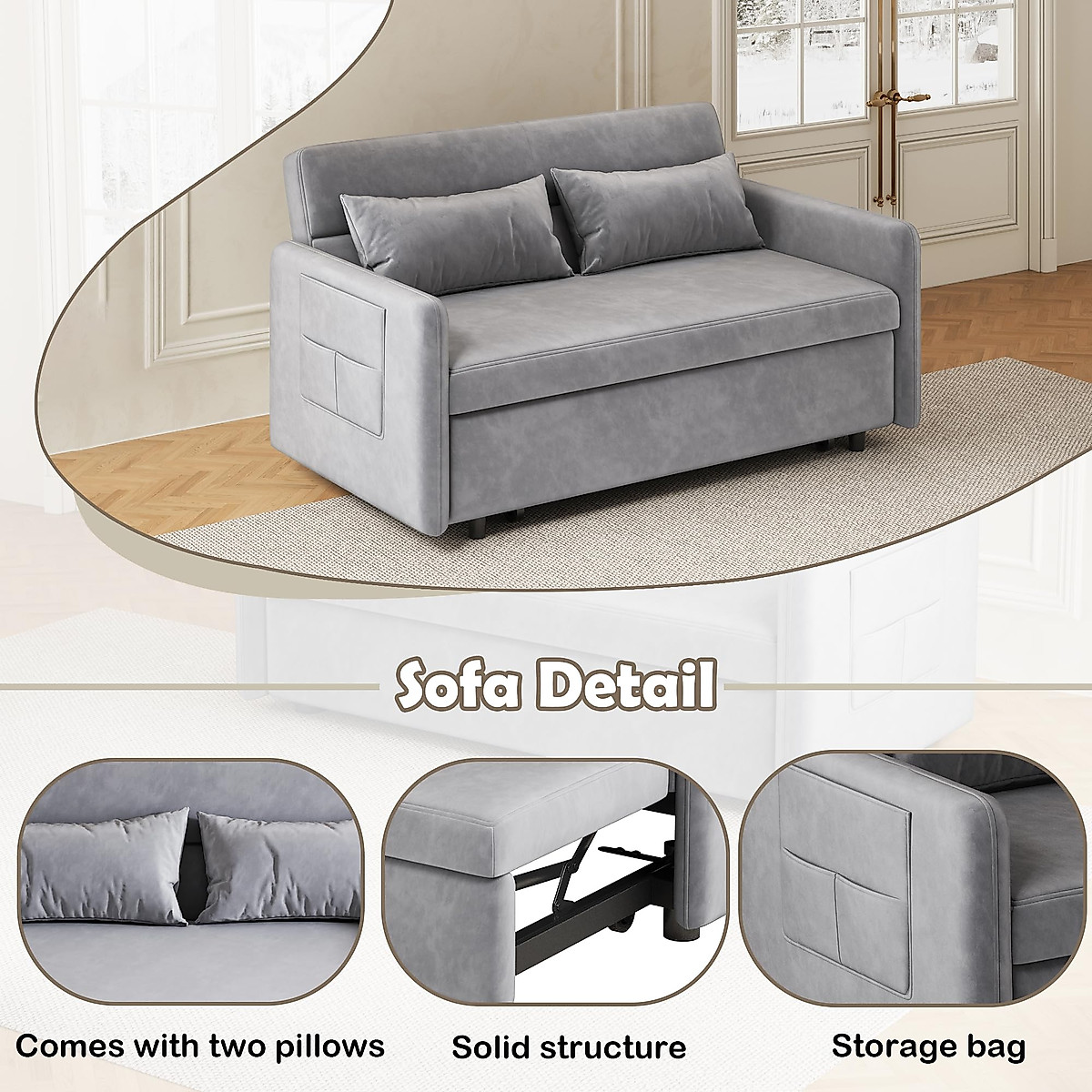 Anwick Modern Velvet 3 in 1 Sleeper Sofa Bed,Convertible Folding Futon Sofa Pull Out Couch Bed with 3 Reclining Backrests,Pillows,54" Small Love Seat for Compact Living Room Office (Gray, 54")