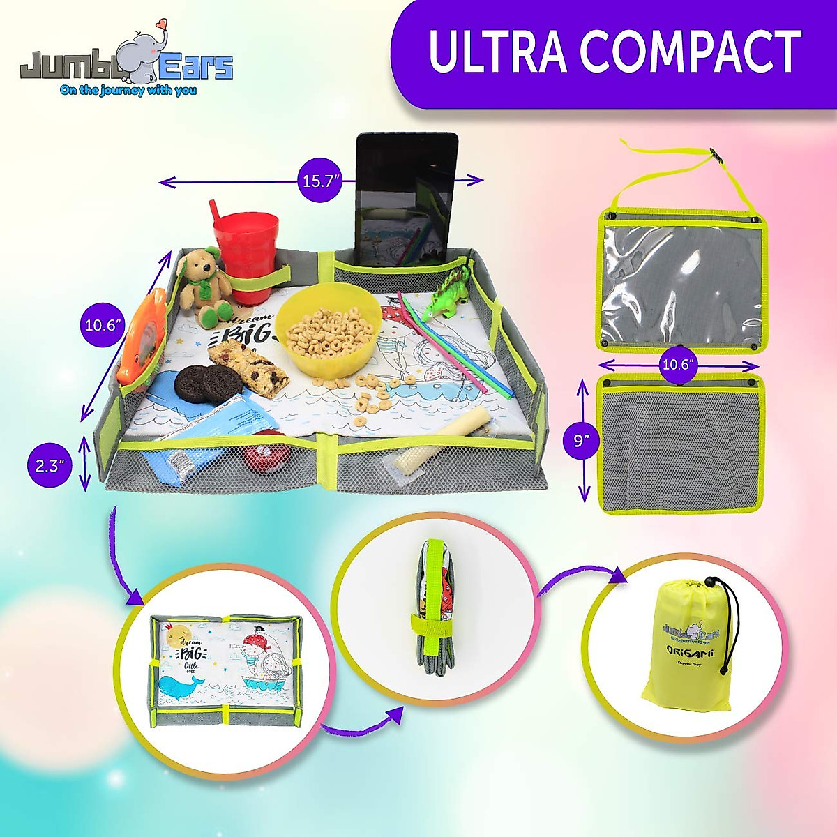 Jumbo Ears Origami Kids Travel Tray Placemat Cover -Gray- Foldable and Easy to Setup with Bonus Portable Multipurpose Side Pockets Organizer for Tablets and Phones Activities or Snacks for Toddler