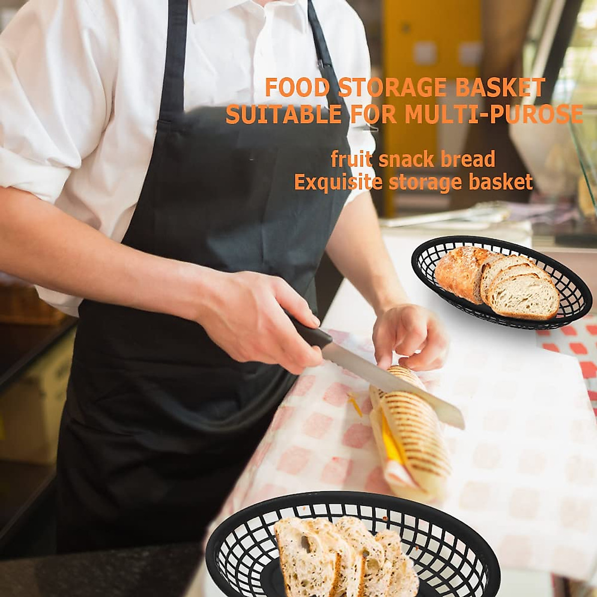 Cezoyx 50 Pack Black Fast Food Basket, 8.9 x 5.6 x 1.5 inch Oval Bread Fry Baskets Plastic Food Serving Tray for Fast Food Restaurant Supplies, Deli Serving, Chicken, Burgers, Sandwiches, Fries