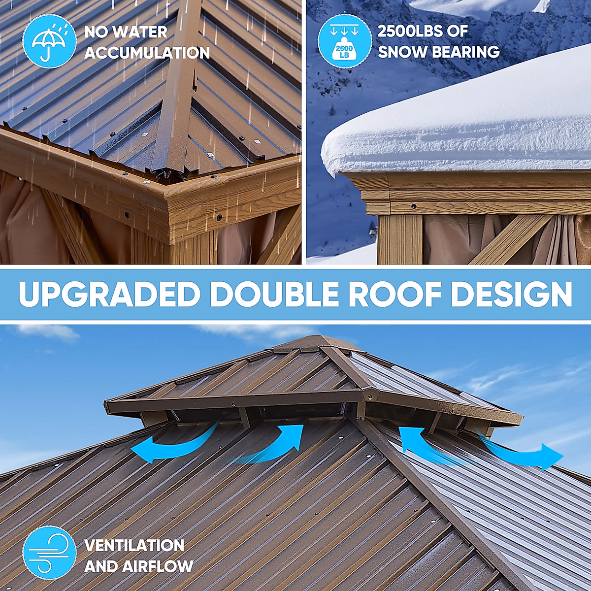 12' x 20' Hardtop Gazebo Outdoor Canopy Tent w/Double Galvanized Steel Vented Roof &Aluminum Frame for Garden Backyard,Permanent Metal Pavilion Heavy Duty Sunshade w/Privacy Curtains for Patio (Brown)