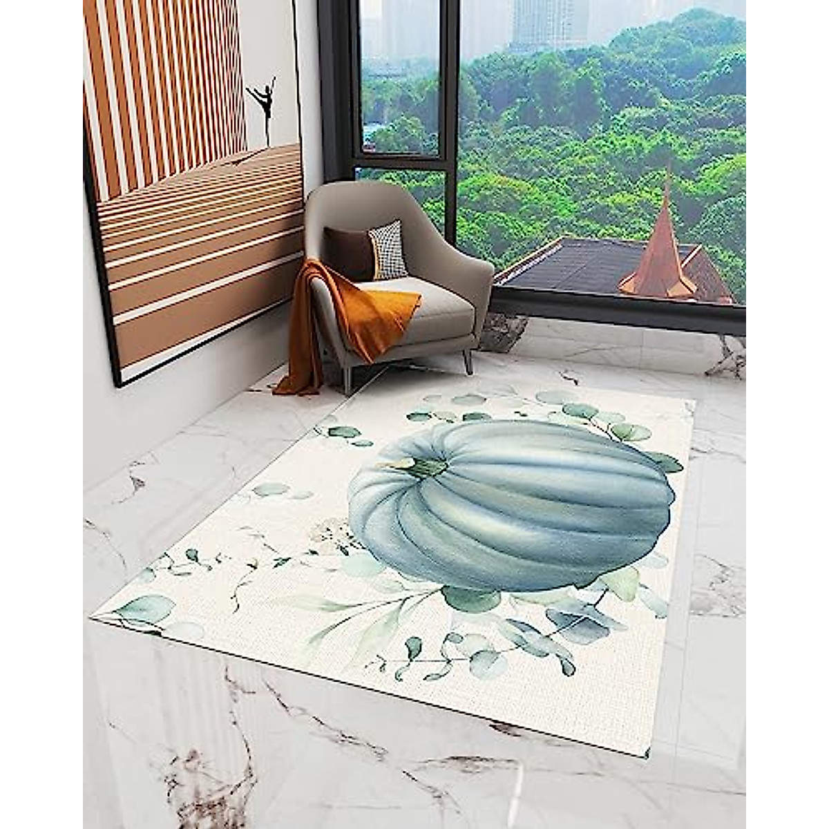 Rustic Blue Pumpkin Large Rectangular Area Rugs 5' x 8' Living Room, Durable Non Slip Rug Carpet Floor Mat for Bedroom Bedside Outdoor Thanksgiving Fall Green Eucalyptus Leaves