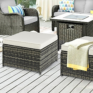 YIYAN Outdoor Patio Ottoman PE Rattan Footstool All Weather Outdoor, Wicker Rattan Outdoor Ottomans Footrest Seat with Removable Cushion(White)