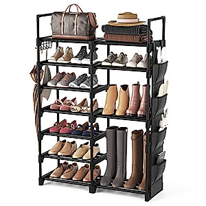 ROJASOP 7-Tier Shoe Rack for Entryway Closet, 25-28 Pairs Tall Garage Shoe Rack for Closet with Side Hooks Large Shoe Rack Storage Organizer Metal Stackable Boot Shoe Rack for Garage, Bedroom