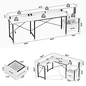 Rolanstar Computer Desk with Power Outlet & LED Strip and File Drawer, 68" Reversible L Shaped Computer Corner Desk with Printer Cabinet and Monitor Shelf, Modern Home Office Desk, Writing Desk,White