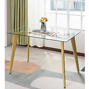 Bacyion Glass Dining Table - 47 Inch Kitchen Table for 2 or 4, Modern Rectangle Dinner Tables with Metal Legs, Wood Skin, Small Dining Room Table for Apartment or Small Spaces,Easy Assembly, Natural