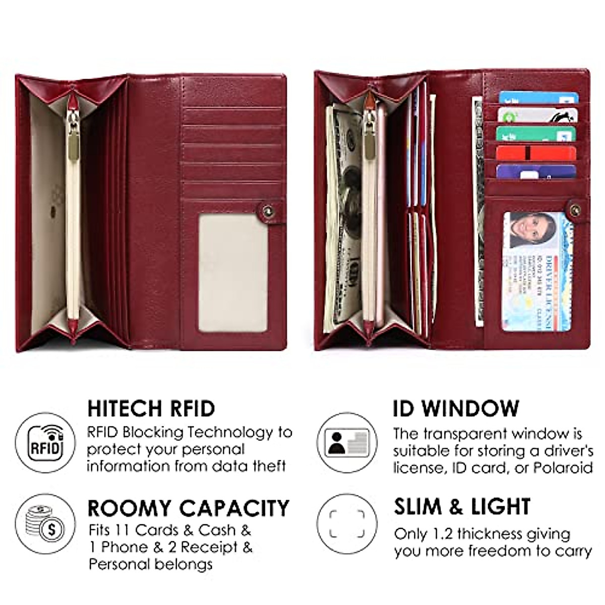 KELEEL Women Wallet Leather Clutch Bifold RFID Blocking Large Capacity Slim Ladies Purse Card Holder Organizer (Gloss Red)