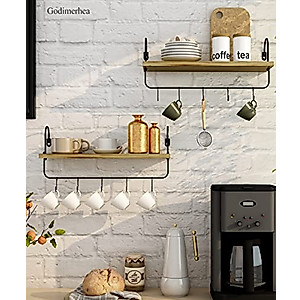Godimerhea Floating Shelves with Hooks, Set of 2 Rustic Wall Mounted Wooden Decorative Storage Shelves with Towel Rack for Coffee Bar, Kitchen, Living Room（Brown）
