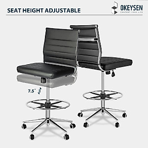 Okeysen Armless Drafting Chair, Tall Office Desk PU Leather Chair for Standing Desk, Drafting Stool with Mid Back, Rolling Stool with Footrest, Height Adjustable Swivel Task Chair for Home Office