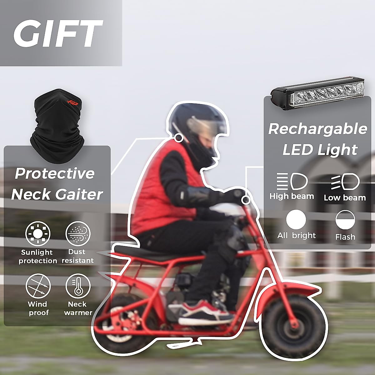 FRP GMB100 Mini Bike, 99CC 4-Stroke Mini Bikes for Adults, Off-Road Motorcycle W/LED Headlight, Goggles, Gloves and Neck Gaiter Up to 28 Mph, Weight Support Up to 220 LBS（Red）