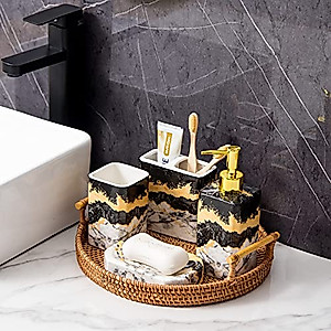 4 Piece Bathroom Accessories Set - Black and White Bathroom Accessories Set Includes Lotion Dispenser, Toothbrush Holder Tumbler, and Soap Dish - Glossy Finish (Marble, Black, and White)