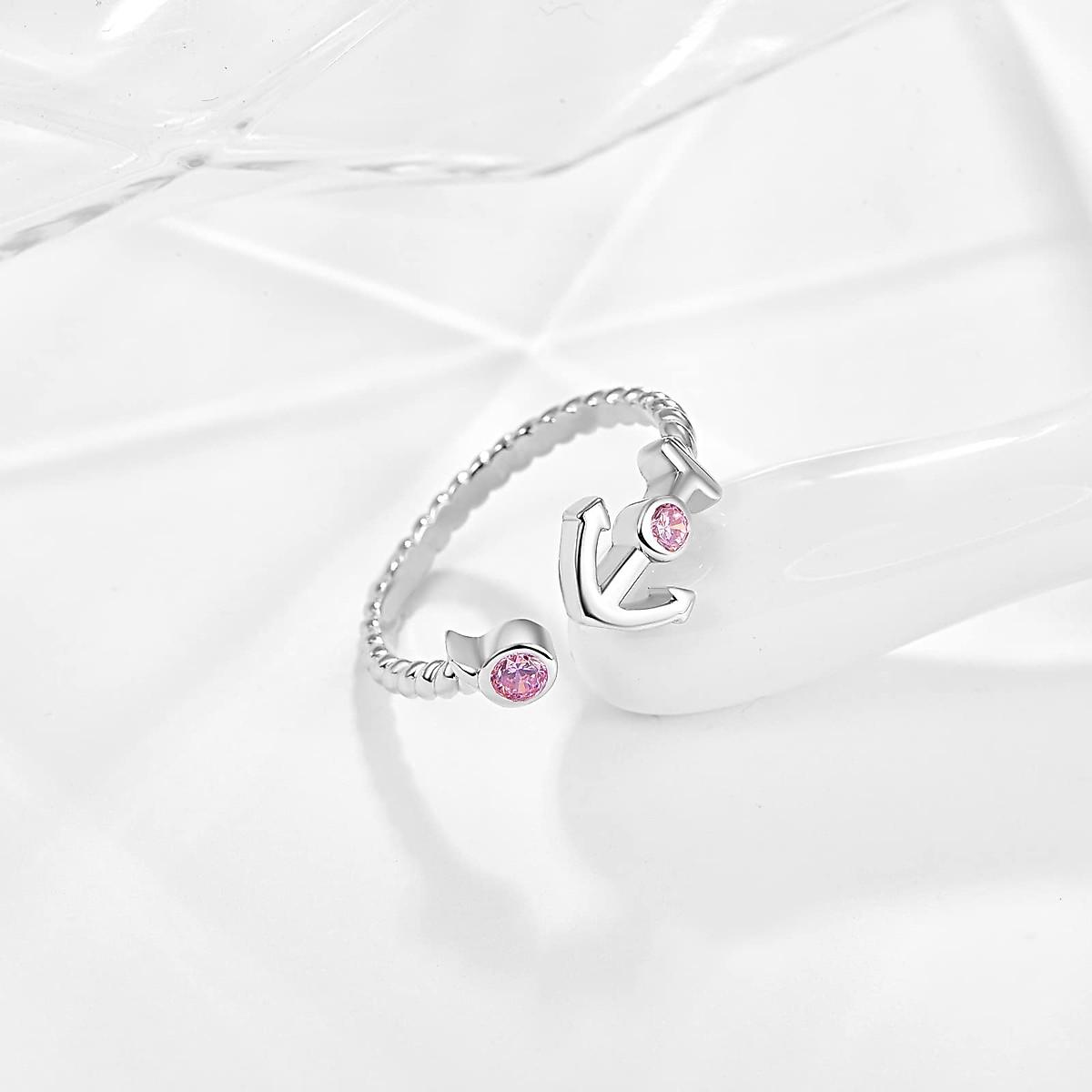 KINGWHYTE Anchor Ring S925 Sterling Silver Adjustable Open Ring with Pink Cubic Zirconia Anchor Jewelry Gifts for Women
