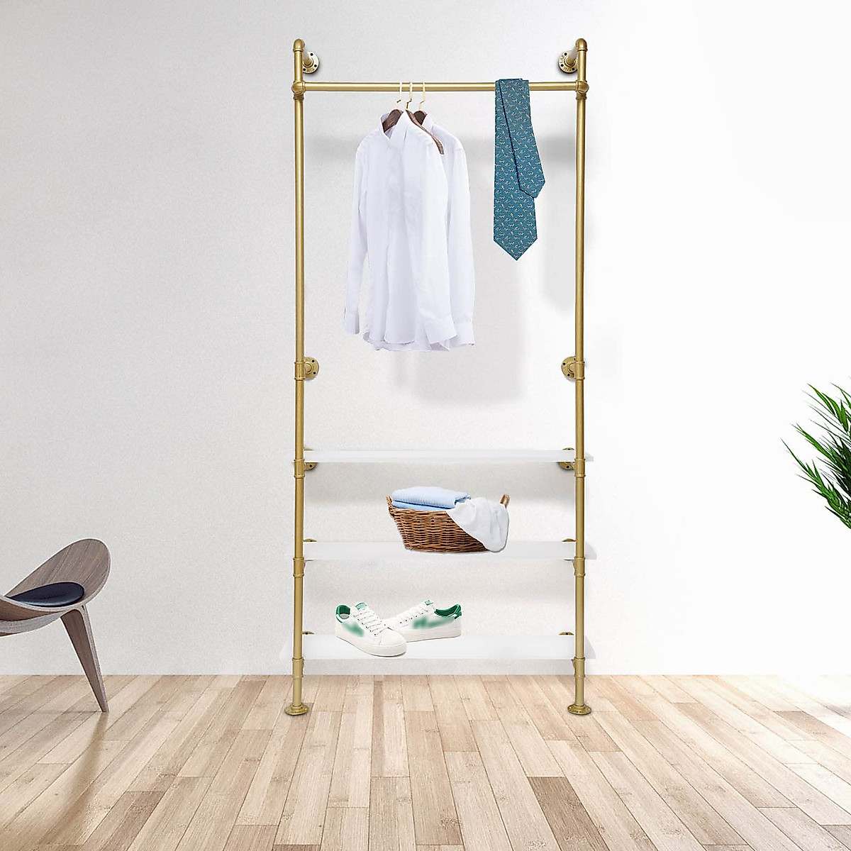 HYYKJ-US 3 Layer Shelves Wall Mounted Clothes Rail Shelf Multifunctional Garment Rack Towel Rack Vintage Clothes Rack Clothing Organizer for Retail Entryway Bedroom Balcony Indoor Use Home Decor Gold