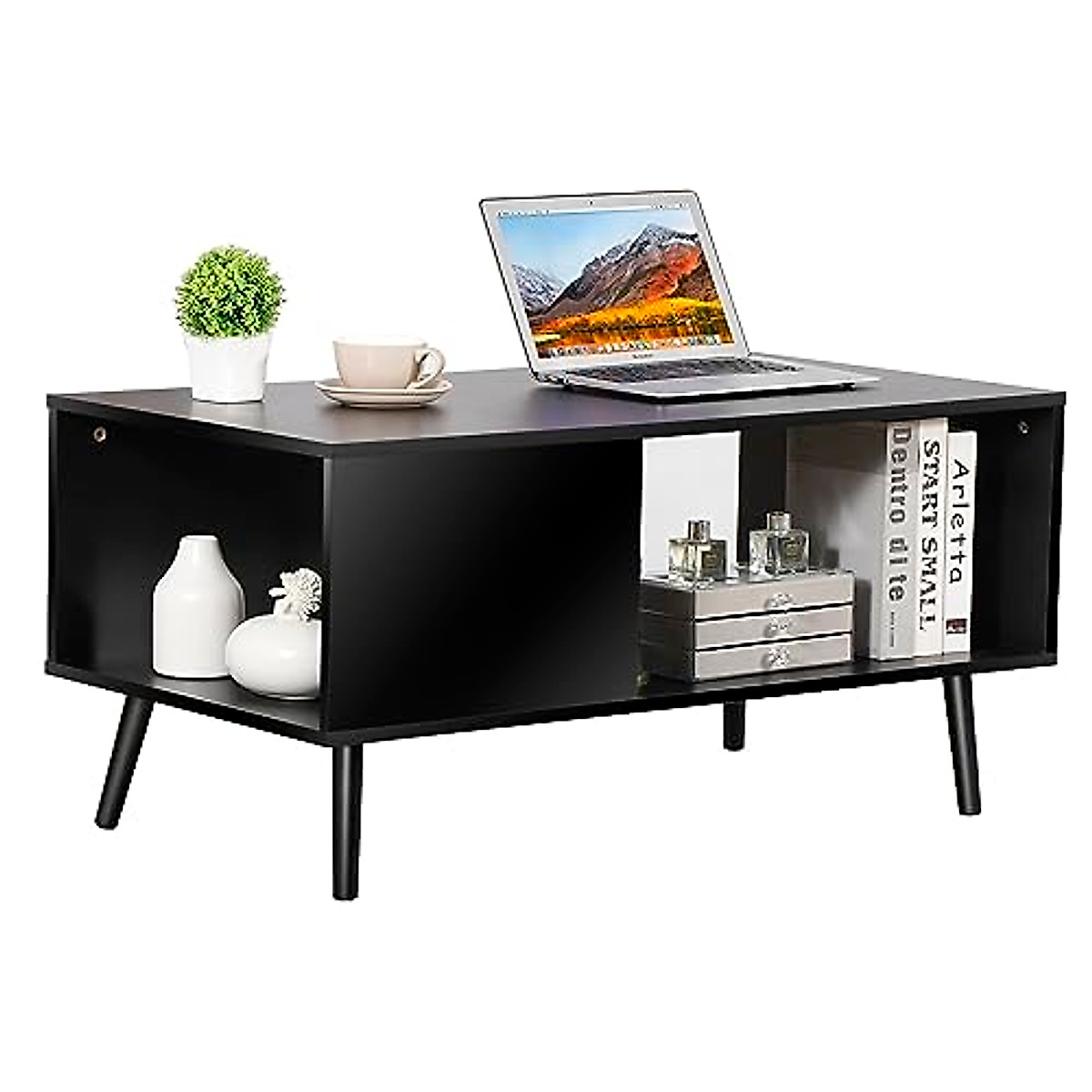 SUPER DEAL 2 Tier Modern Coffee Table with Storage for Living Room, 40 Inch Rectangle Wooden Accent Center Sofa Side Table for Indoor Bedroom Apartment Small Spaces, Black