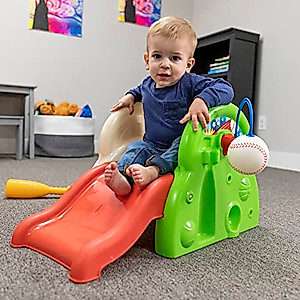 Step2 Sports-Tastic Climber – 3-In-1 Sports Activity Center Indoor/Outdoor Playset – Toddler Climber with Kids Slide, Basketball Hoop, Soccer Goal, & Tethered Baseball