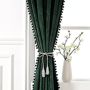 Victree Pom Pom Velvet Curtains for Bedroom, Blackout Curtains 52 x 84 inch Length - Room Darkening Sun Light Blocking Rod Pocket Window Drapes for Living Room, 2 Panels, Dark Green