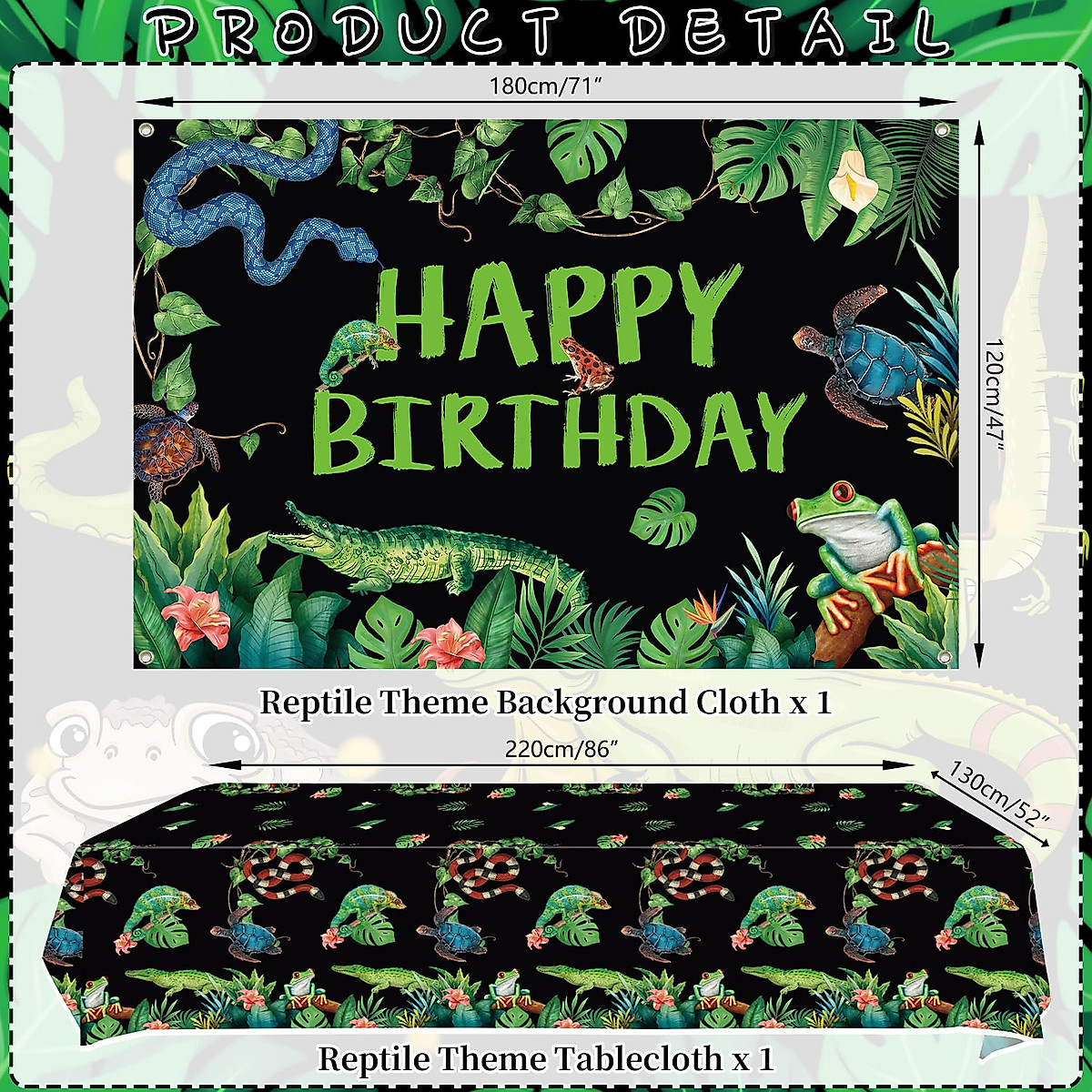 KEFAN Reptile Party Decorations, Wildlife Lizards Snakes Crocodiles Party Tableware Supplies including HAPPY BIRTHDAY Banner, Plates, Cups, Napkins, Tablecloth, Balloons (Backdrop)