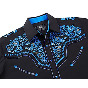 SALVAJE OESTE Western Embroidered Cowboy Shirts for Men, Casual Button Down Long Sleeve Shirt Floral Design Retro Shirt Black-Royal Blue