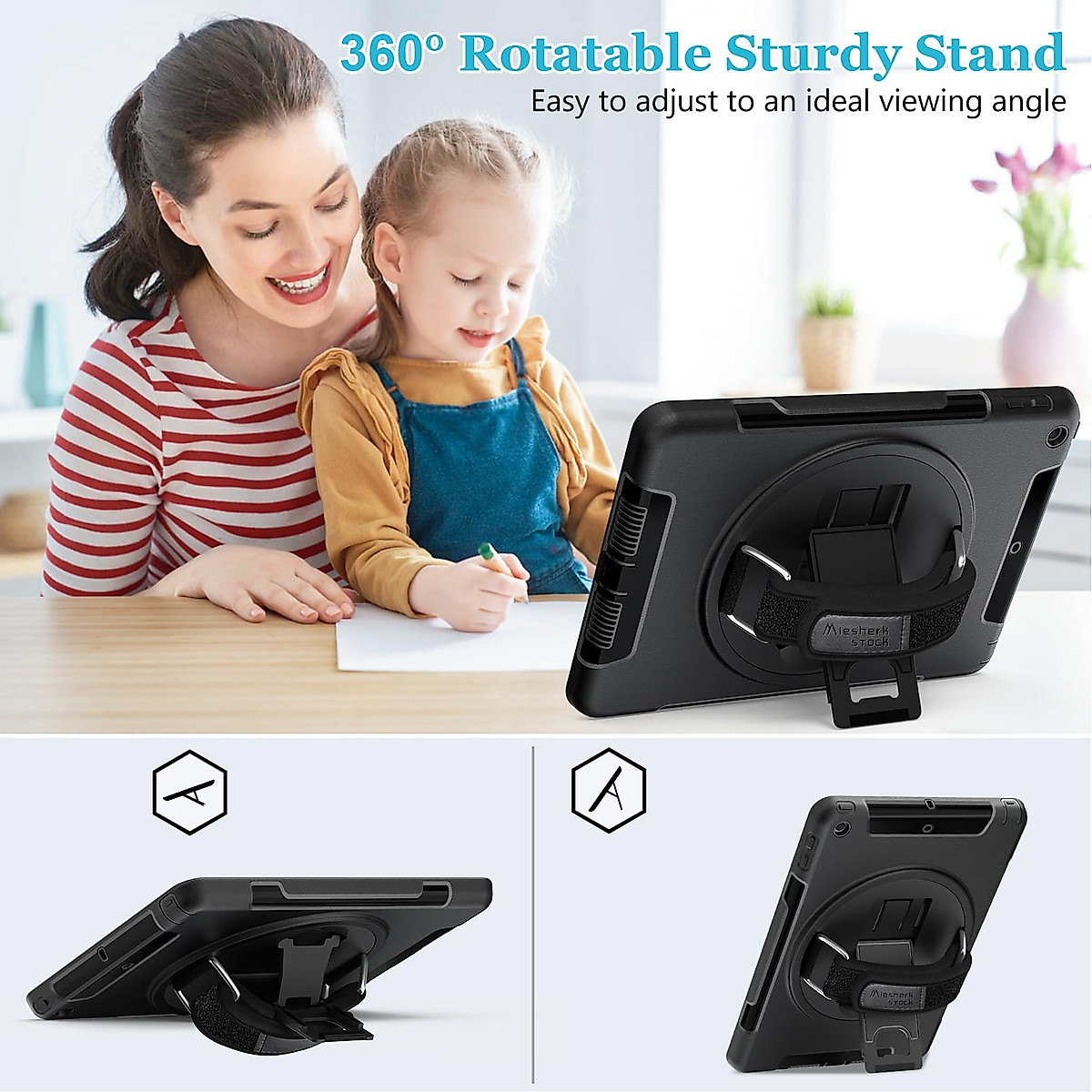 Case for iPad 6th/5th Generation: Protective TPU Cover for iPad 9.7 (2018/2017) & iPad Air 2 9.7" with Screen Protector- Stand- Handle- Shoulder Strap-Pencil Holder- Black