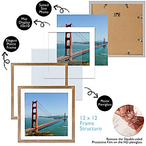HEYTUYA 12x12 inch Picture Frame Rustic Brown for Wall Hanging, Poster Frame Display 10x10 inch with Mat or 12x12 Without Mat, Square Wall Gallery Photo Frame with Durable Shatter Resistant Plexiglas,