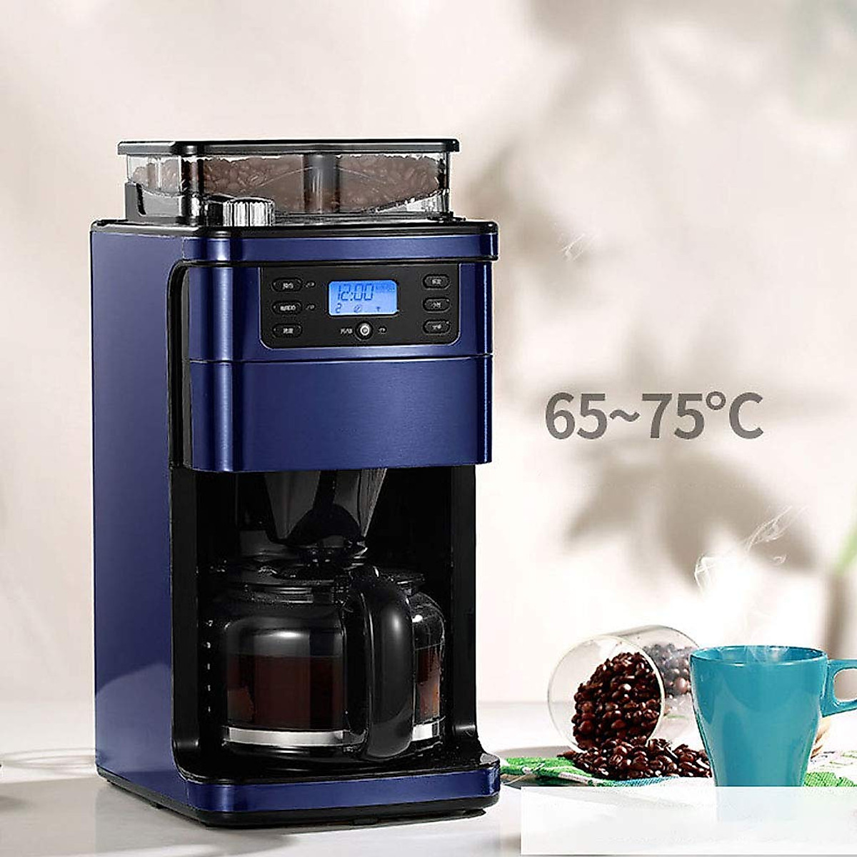 ROLTIN Coffee Machine Coffee Maker 2-12 Cup Programmable Coffee Machine with APP Control Pot Drip Coffee Maker with Timer And Thermal Pot Permanent Filter Coffee Maker Blue