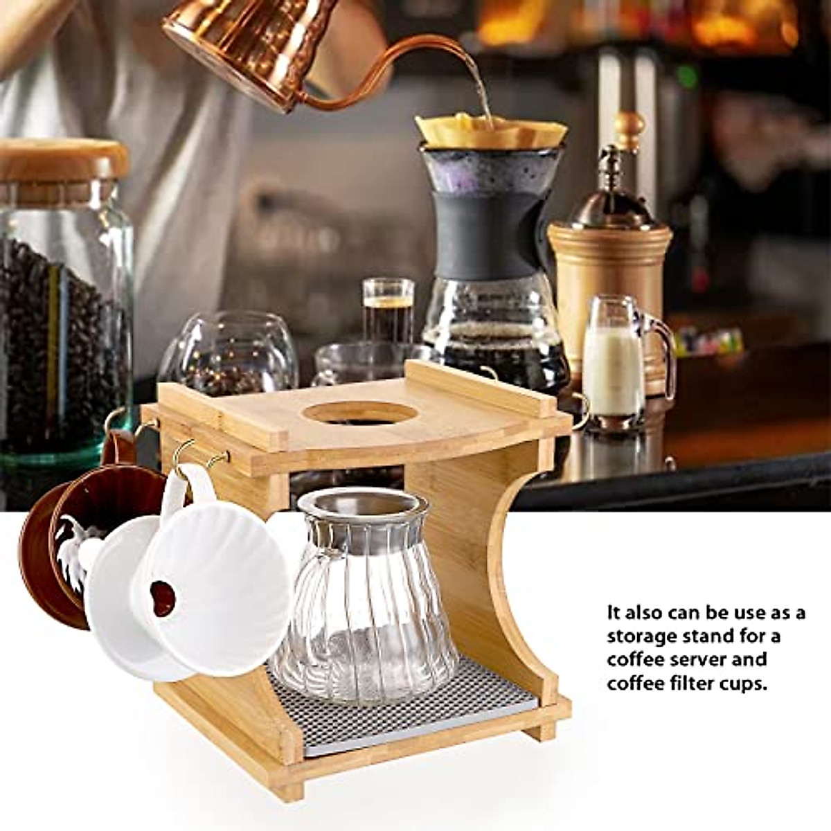 ELLDOO Bamboo Coffee Dripper Stand, Pour Over Coffee Stand, Coffee Extraction Drip Station,Coffee Shared Pot Filter Cup Holder with Grey Silicone Dripper Mat