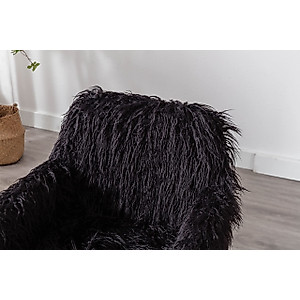 Black Modern Faux Fur Home Office Chair, Fluffy Chair for Girls, Makeup Vanity Chair with Gold Plating Base