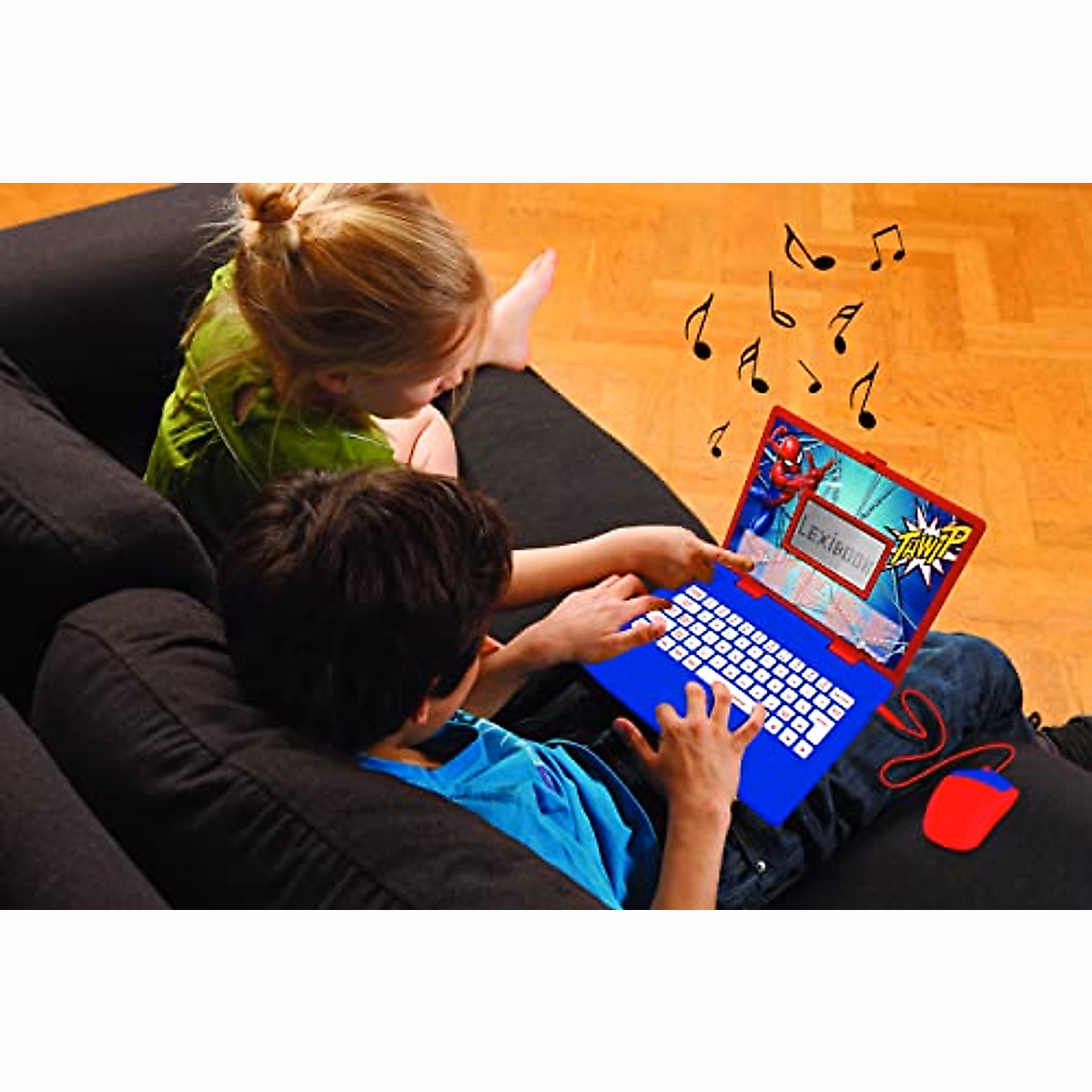 LEXiBOOK JC598SPi4 Marvel Spiderman-Educational and Bilingual Laptop Portuguese/English-Girls Toy with 124 Activities to Learn, Play Games and Music with Elsa & Anna-Blue/Red