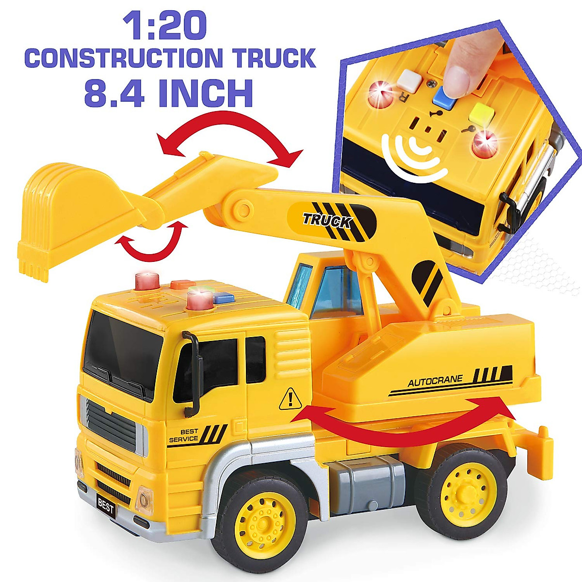 5 Pack Friction Powered Truck Toy Set(8 Inch) Including Garbage Truck, Construction Truck, Fire Truck, Police Car, Helicopter, All with 4D Stunning Light and Sound, Vehicles Toys for Boy Toddler Kid