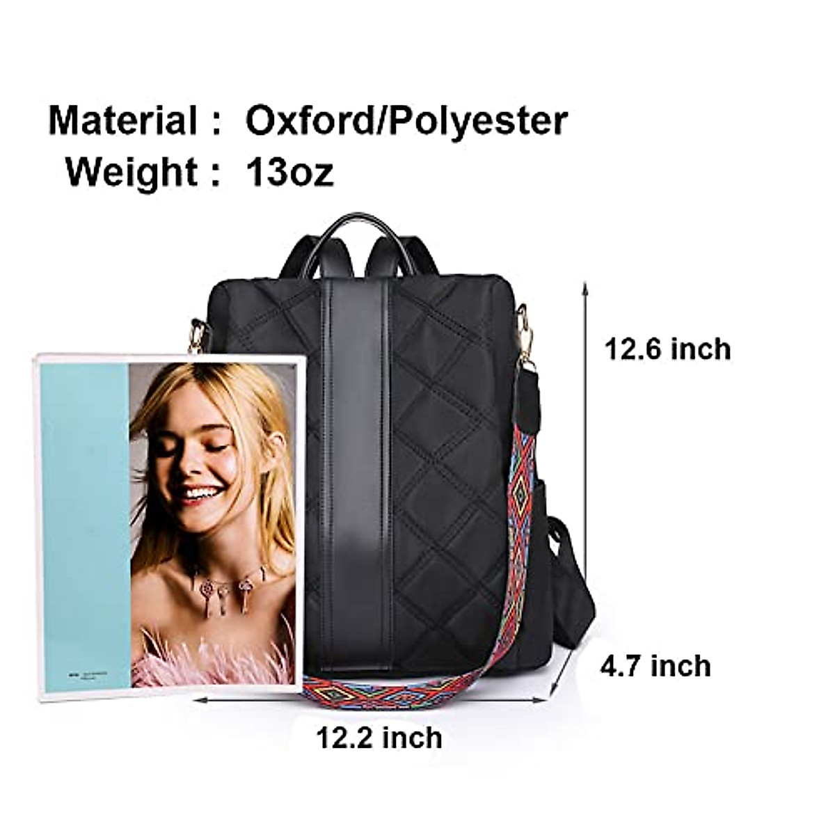 jasboo Women Anti-theft Hidden Zipper Backpack Purse, Fashion Waterproof Quilt Rucksack, Travel Covertible Shoulder Bag (Black)