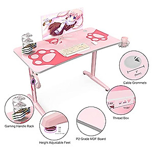 DoubleWin Pink Gaming Desk, 47 inch Gaming Table I Shaped Gaming Computer Desk for Girls, Home Office PC Computer Table Gaming Desk Pink with Cup Holder Headphone Hook and Gaming Handle Rack