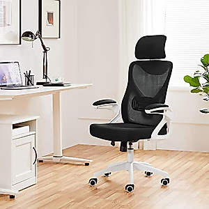 Yaheetech Ergonomic Mesh Office Chair, High Back Desk Chair with with flip-up Armrests, Adjustable Padded Headrest Computer Chair with Lumbar Support for Home Oiffce Game Room, White/Black