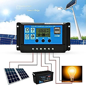 30A Solar Charge Controller,12V/ 24V Solar Panel Charge Controller,Timer Setting PWM Auto Parameter,Intelligent Regulator with 5V Dual USB Port Display Adjustable Parameter LCD Display