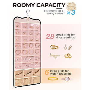 BAGSMART Hanging Jewelry Organizer Storage with Hanger Metal Hooks Double-Sided Jewelry Holder for Earrings, Necklaces, Rings on Closet, Wall, Door, 1 piece Large Black