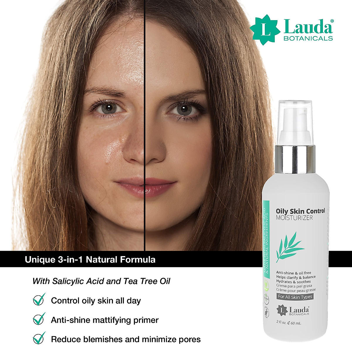 Mattifying Primer and Face Moisturizer with Salicylic Acid and Tea Tree Oil, Daily Face Lotion Non-Greasy Hydrating Anti Shine Facial Primer for Men and Women, 2 Oz by LAUDA BOTANICALS
