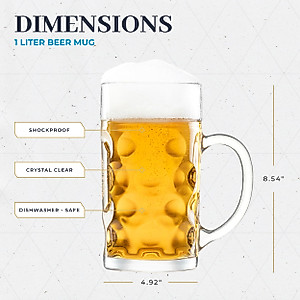 BAVARIA TRACHTEN Oktoberfest Glass Beer Mug - Authentic Beer Stein - Traditional German Beer Mugs - Franziskaner Mug Weissbier Glass - 1 Liter 34 oz Beer Mug - Extra Large